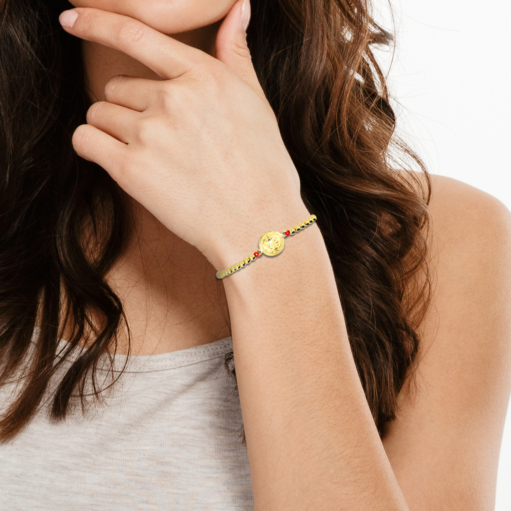 Pulsera de San Benito Medalla Hilo Rojo y Esferas Galfi – Acero y Plata