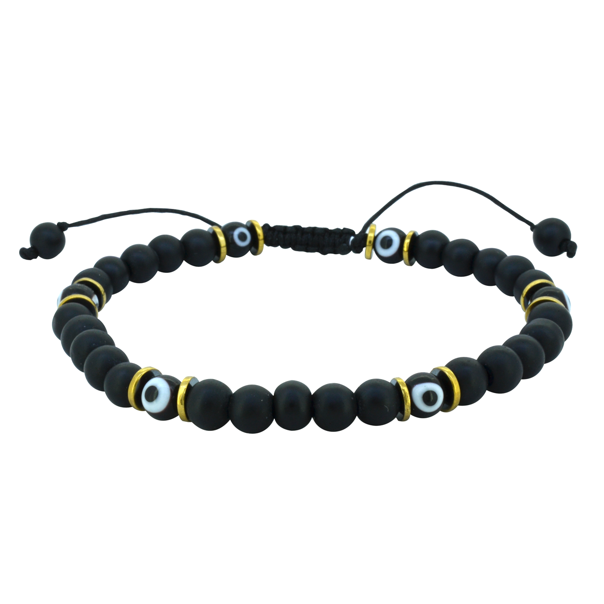 Pulsera Ojos Turcos Negros Con Piedra Volcánica Negra – Acero y Plata