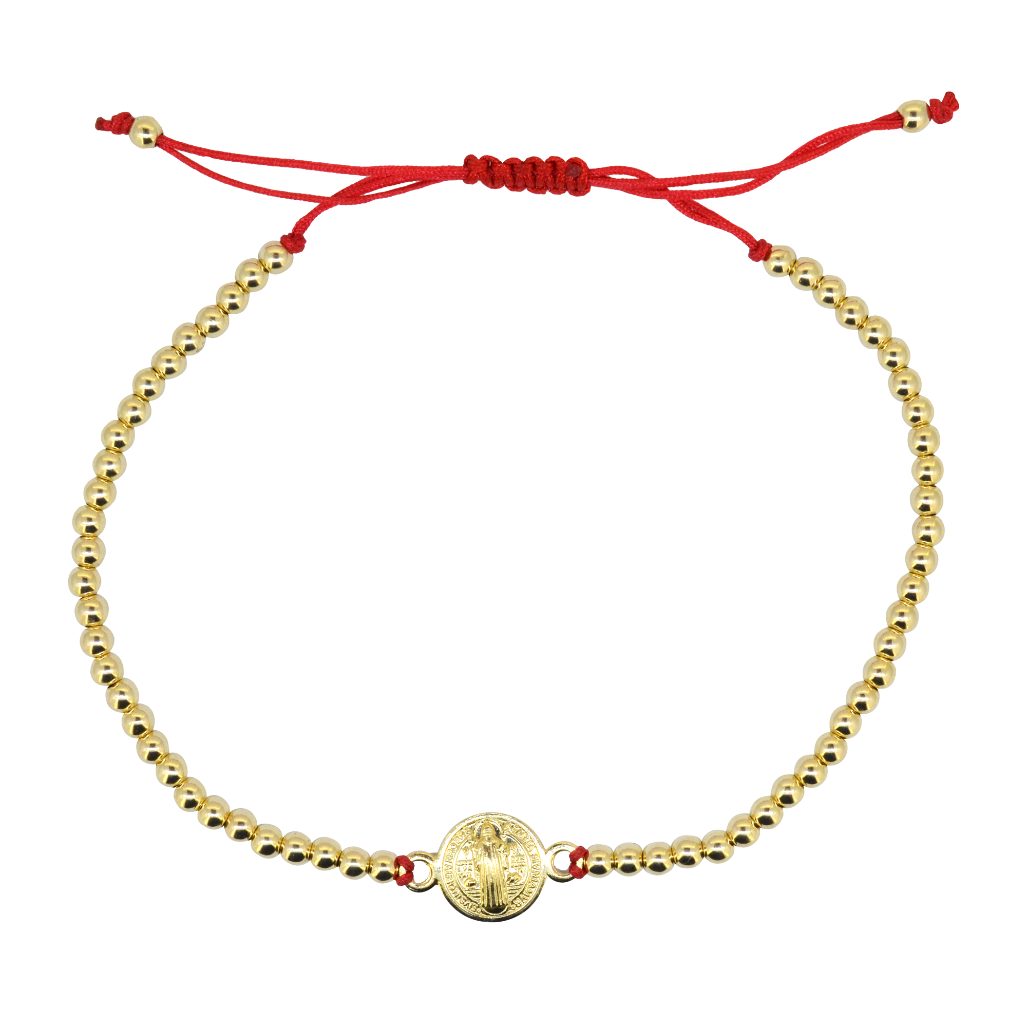 Pulsera de Medalla de San Benito con Esferas Galfi Doradas en Hilo Roj – Acero y Plata