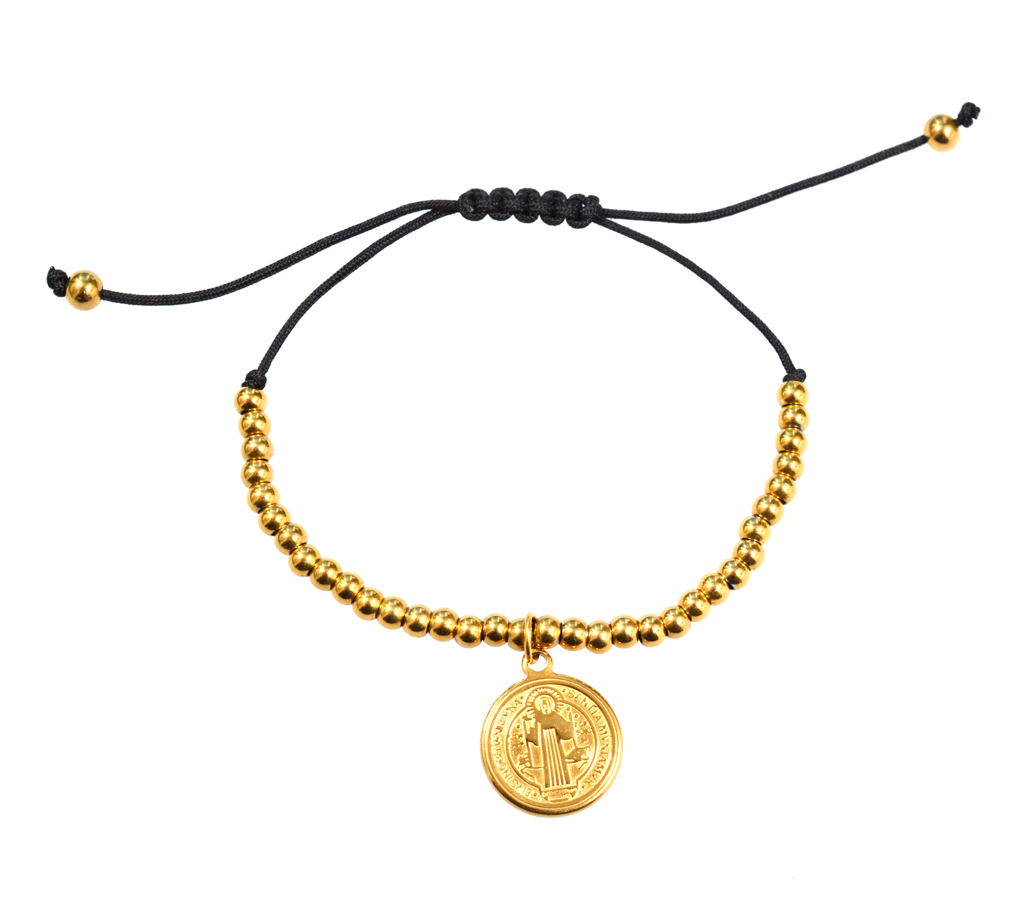Pulsera de Medalla de San Benito con Hilo y Esferas Doradas – Acero y Plata